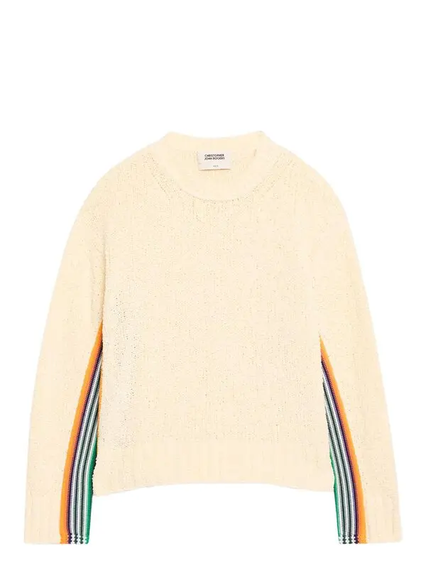 Christopher John Rogers Boucle Knit Crewneck Sweater With Striped Detail - Buttermilk