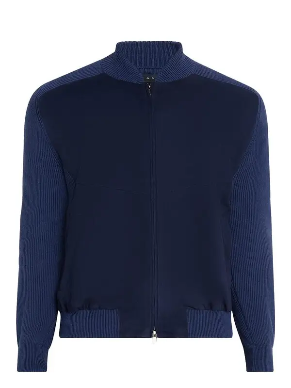 Sease Knit And Suede Bomber Jacket - Navy Blue
