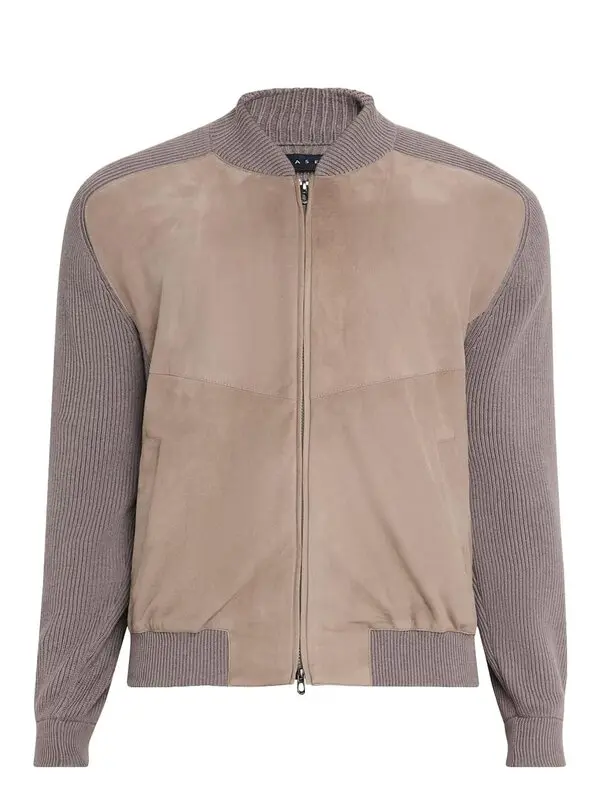Sease Knit And Suede Bomber Jacket - Navy Blue
