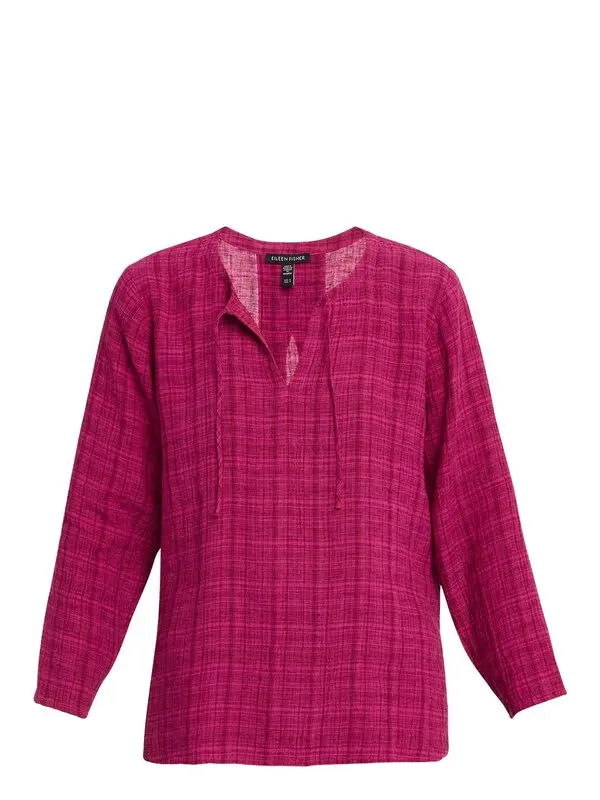 Eileen Fisher Puckered Plaid Organic Linen Top - Sangria