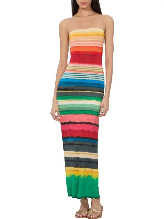 Alice + Olivia Delora Stripe Strapless Midi Dress - Rainbow Reef