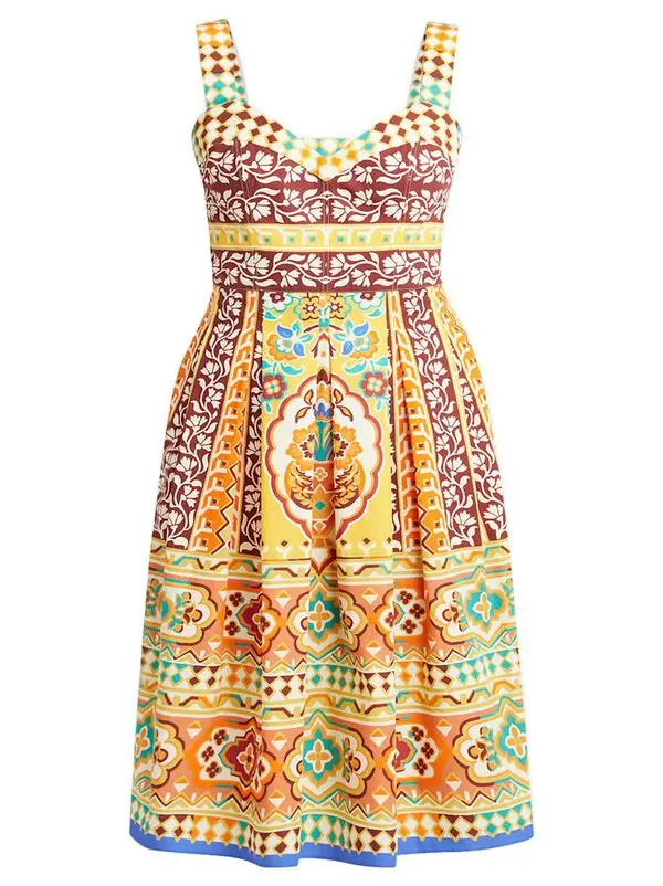 Etro Sleeveless Pleated Poplin Midi Dress - Print On Yellow Base