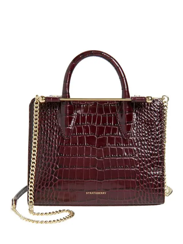Strathberry Mini Croc Embossed Leather Tote - Burgundy