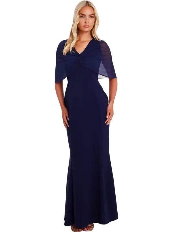 QUIZ Scuba Crepe Maxi Dress With Mesh Cape - Navy
