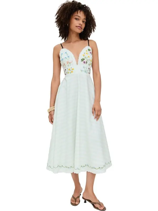 Fanm Mon Nur Floral Embroidered Stripe Dress - White With Green Stripes