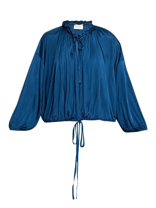 Saint Laurent Ruffle Collar Drawstring Satin Blouse - Petrol