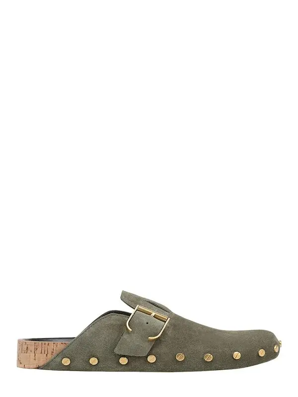 Veronica Beard Fern Suede Buckle Loafer Mules - Stone Army Green