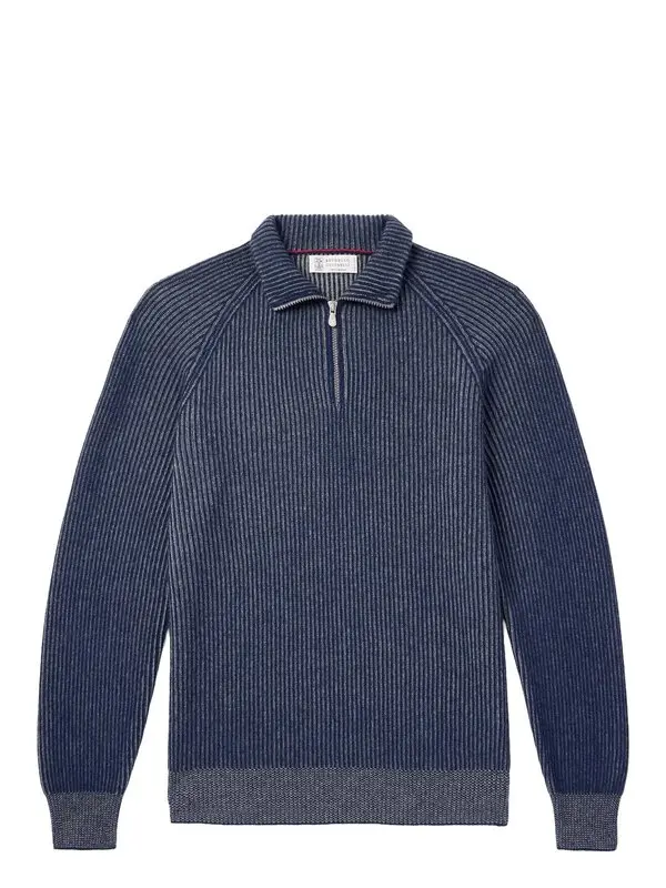 Brunello Cucinelli Striped Ribbed Cashmere Half-zip Sweater - Blue