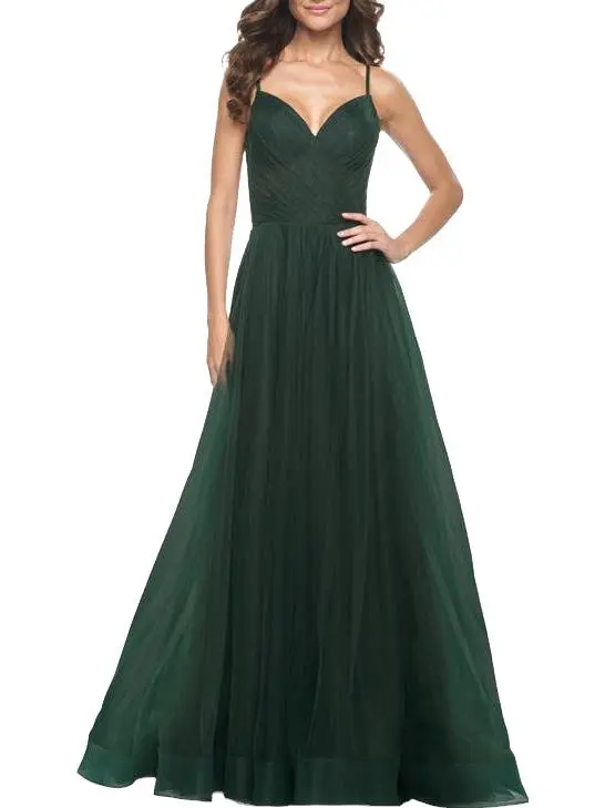 LABOMME Tulle A-line Gown With Ruched Bodice - Emerald
