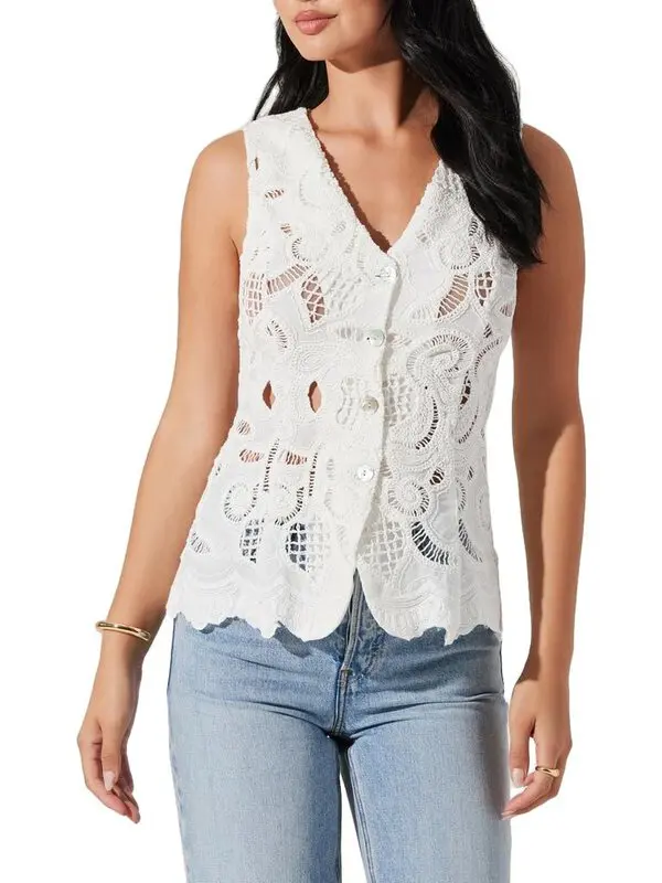 Astr The Label Meira Lace Inset Cotton Button-up Vest - White