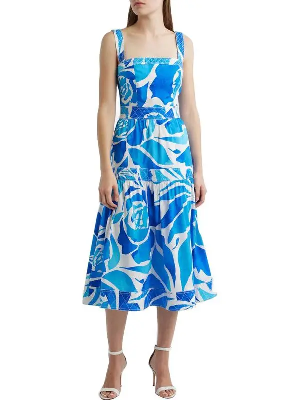 MILLY Annette Rose Poplin Dress - Teal Blue Multi