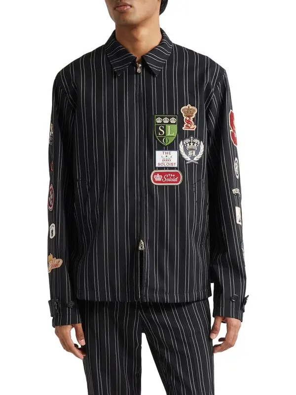 TAKAHIROMIYASHITA THESOLOIST. Brit Crown Emblems Patch Embroidered Zip Jacket - Black X White Blazer Stripe