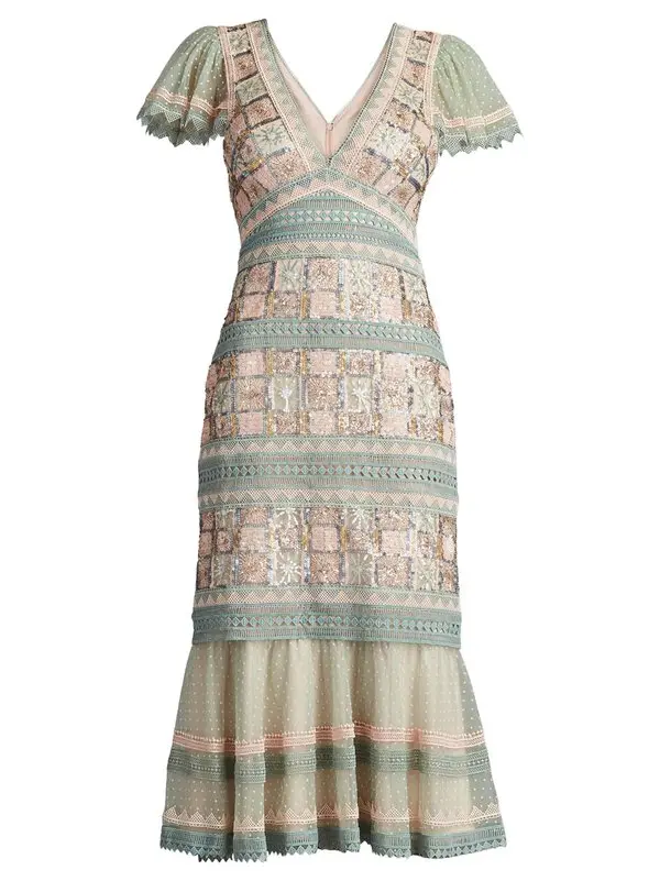 Tadashi Shoji Flounce Geometric Sequin & Lace Midi Dress - Pnkpat