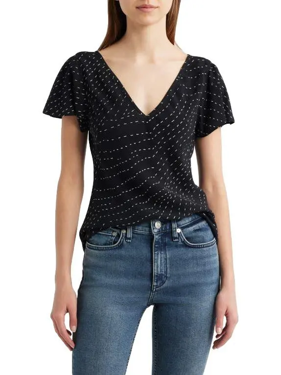 Rag & Bone Printed Flutter-sleeve Top - Black