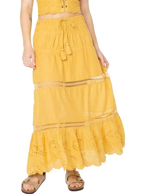 Roxy Embroidered Cotton Maxi Skirt - Amber Gold Solid