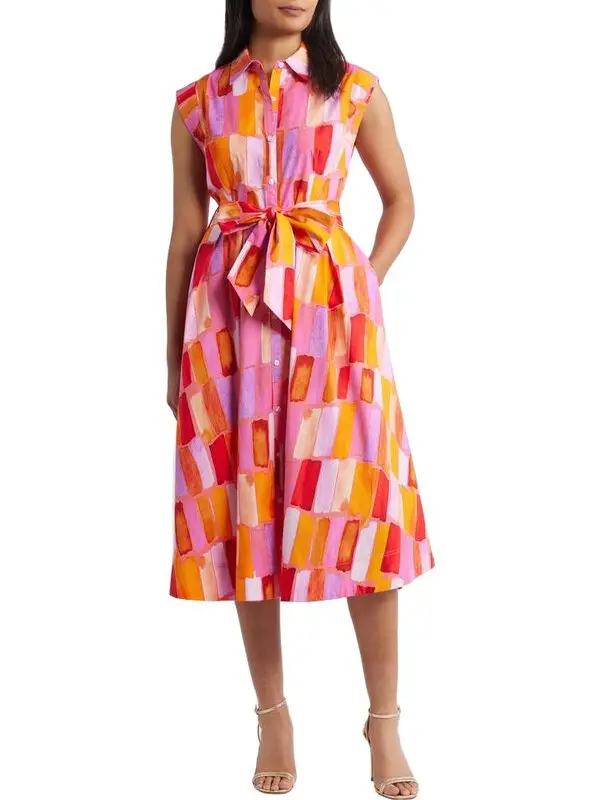 MILLY Jules Sunset Tile Stretch Cotton Midi Shirtdress - Pink Multi