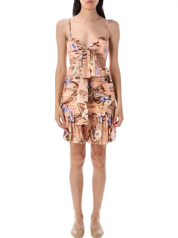 Zimmermann Coco Bow Front Mini Dress - Peach Multi Floral