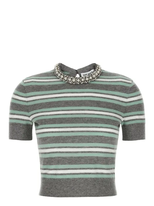 SELF-PORTRAIT Striped Knit Sweater With Crystal Trim - Gray