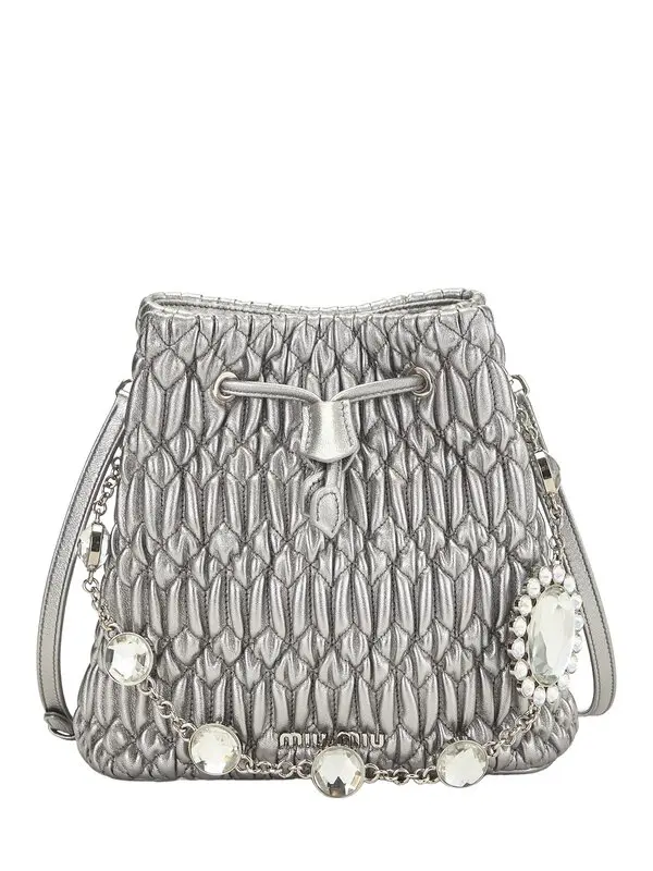 Miu Miu Nappa Crystal Drawstring Bucket Bag - Silver