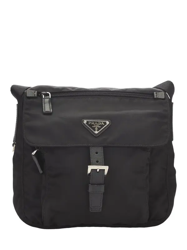 Prada Nylon Buckle Flap Messenger Bag - Black
