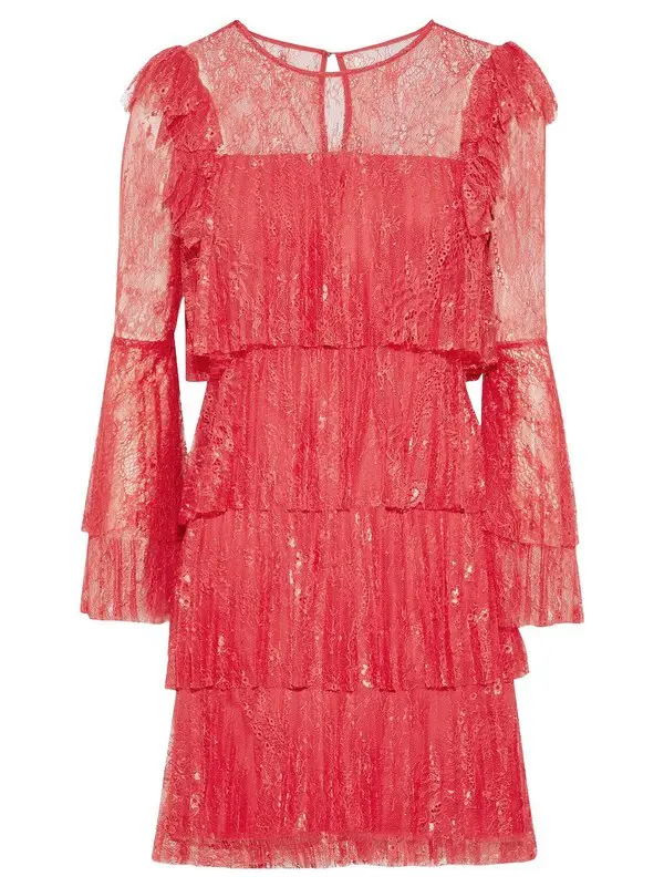 Badgley Mischka Tiered Corded Lace Mini Dress - Tomato Red