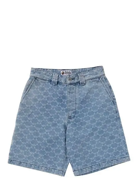 BAPE College Monogram Relaxed Fit Denim Shorts - Light Indigo