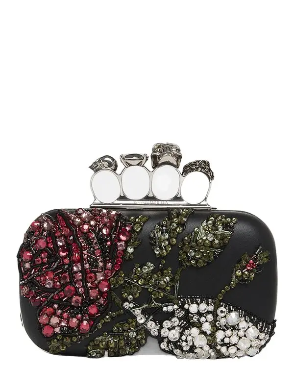 Alexander McQueen Bead And Crystal Flower Skull Four-ring Clutch - Multi Silver