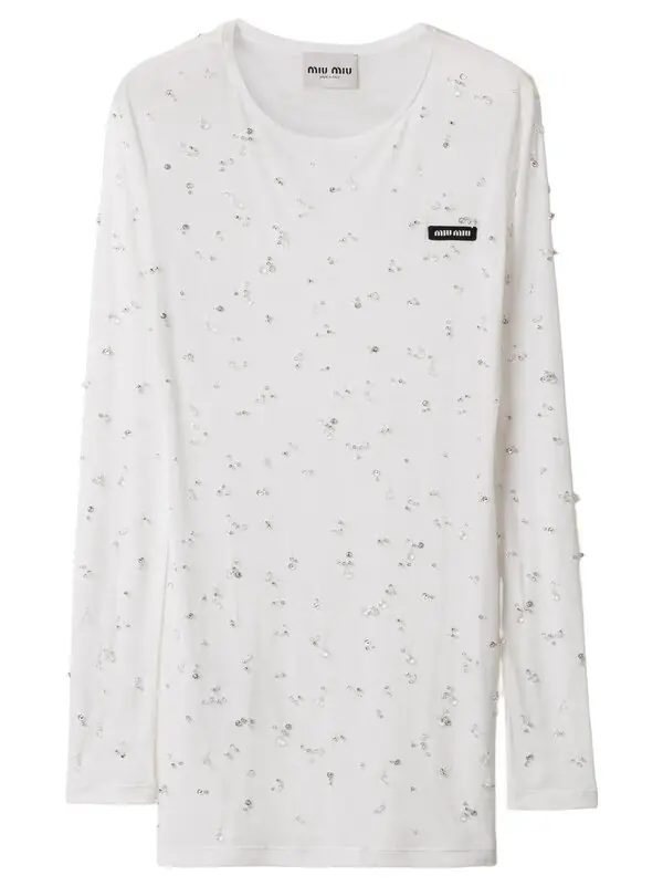 Miu Miu Embroidered Ribbed Knit Jersey Dress - White