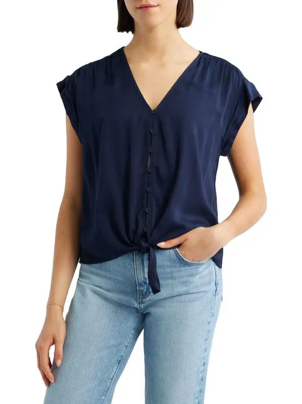CLOTH & STONE Cap-sleeve Button-up Top With Tie Hem - Midnight Indigo
