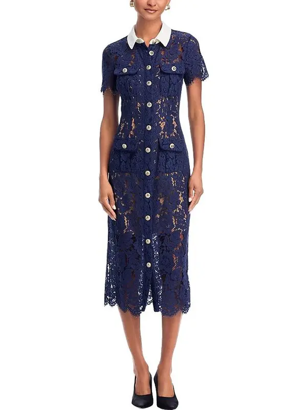 SELF-PORTRAIT Lace Contrast Collar Midi Dress - Blue