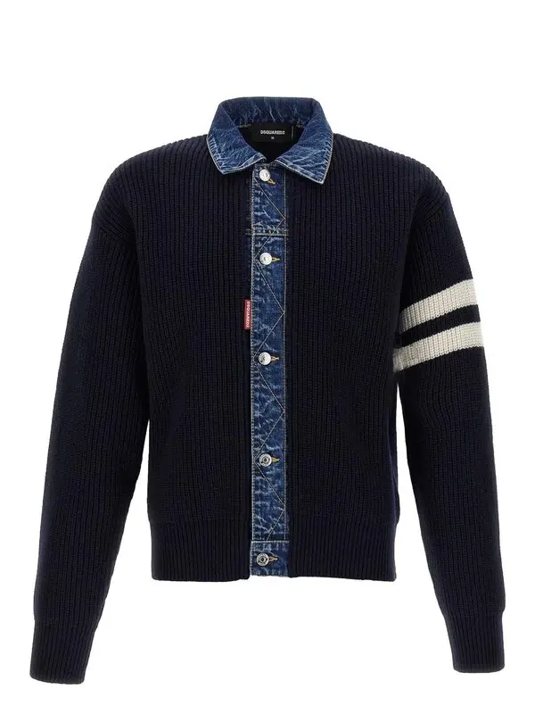 Dsquared2 Wool-cashmere Cardigan With Denim Detailing - Blue
