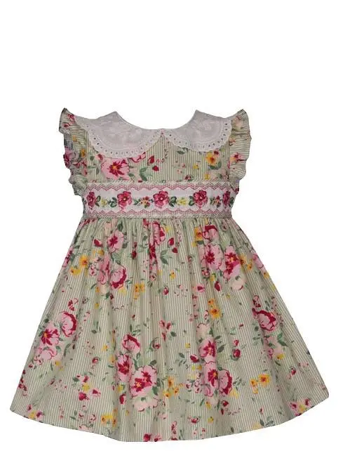 IRIS & IVY Floral Smocked Cotton Party Dress With Peter Pan Collar - Green