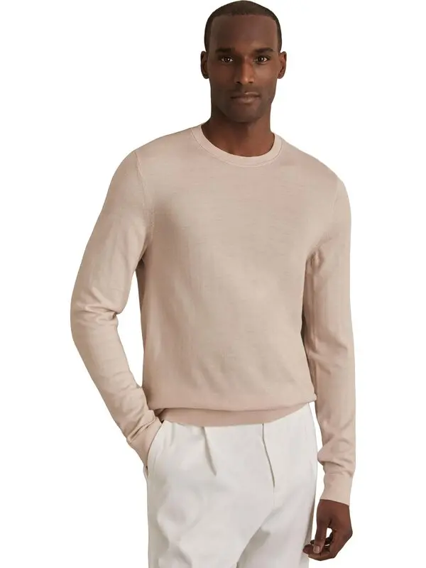 REISS Merino Wool Crew-neck Jumper - Beige