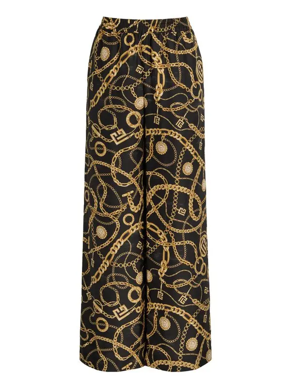 Balmain Printed Silk Wide Leg Trousers - Black Gold