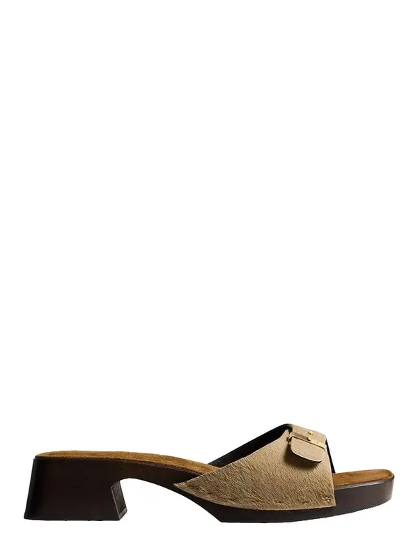 Khaite Britt Pony Hair Buckle Clog Sandals - Barley