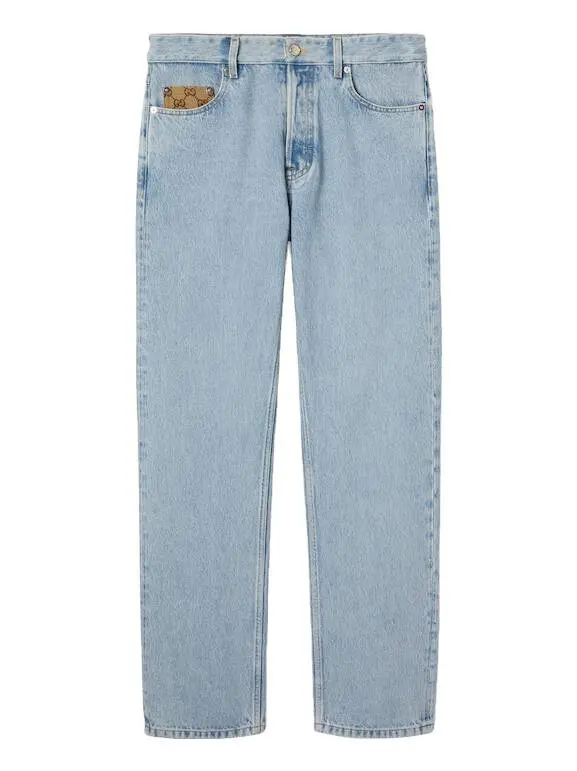 Gucci Washed Denim Pant With Gg Canvas Insert - Blue