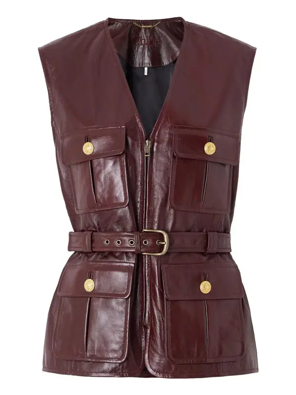 Chloé Leather Belted Vest - Burgundy
