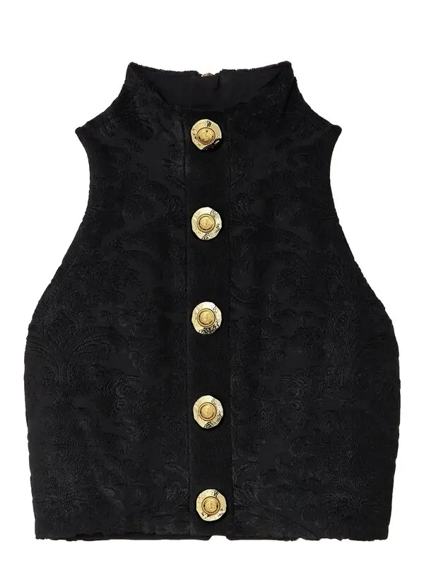 Balmain Cropped Button-embellished Jacquard Top - Black