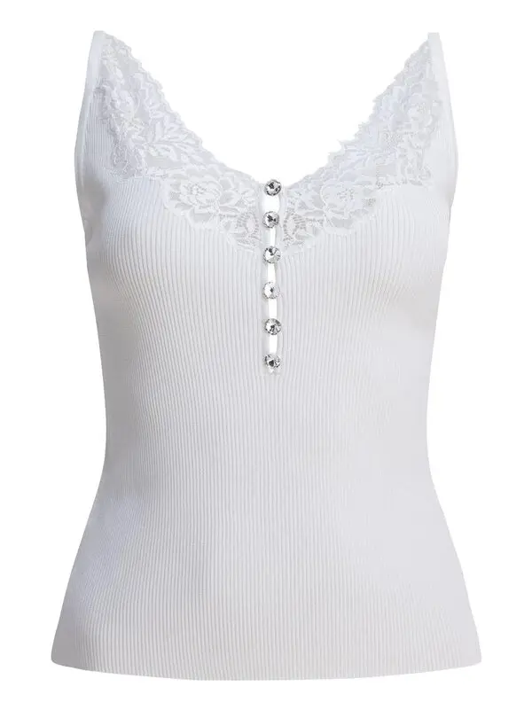 SELF-PORTRAIT Lace Trim Rib Knit Top - White