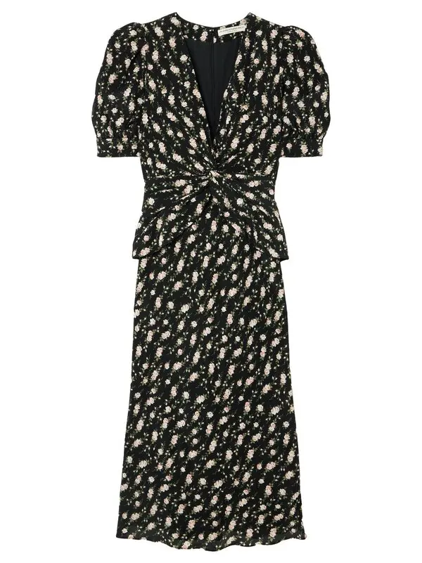 Alessandra Rich Garden Party Bow-detailed Floral-print Silk Crepe De Chine Midi Dress - Black