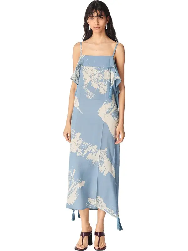 Bottega Veneta Italian Postcard Printed Silk Dress - Blue/dove