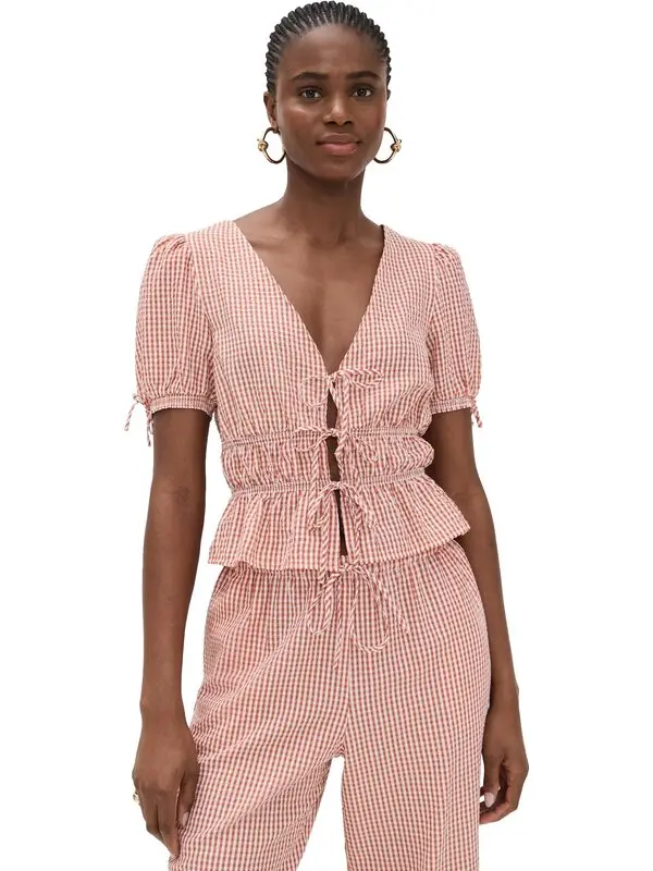 WAYF Nina Tie-front Top - Clay Seersucker