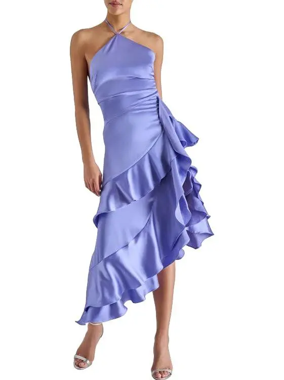 Steve Madden Caspia Ruffle Satin Halter Dress - Deep Periwinkle