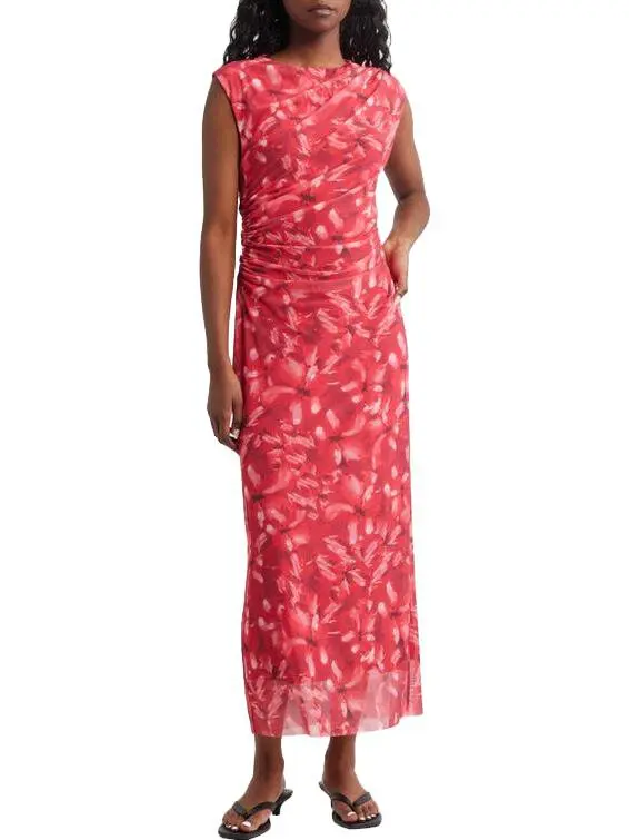 & Other Stories Floral Mesh Sheath Dress - Red Medium