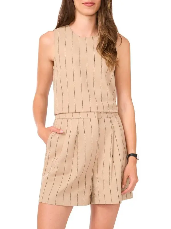 Halogen Pinstripe Linen & Cotton Shell - Dusty Camel