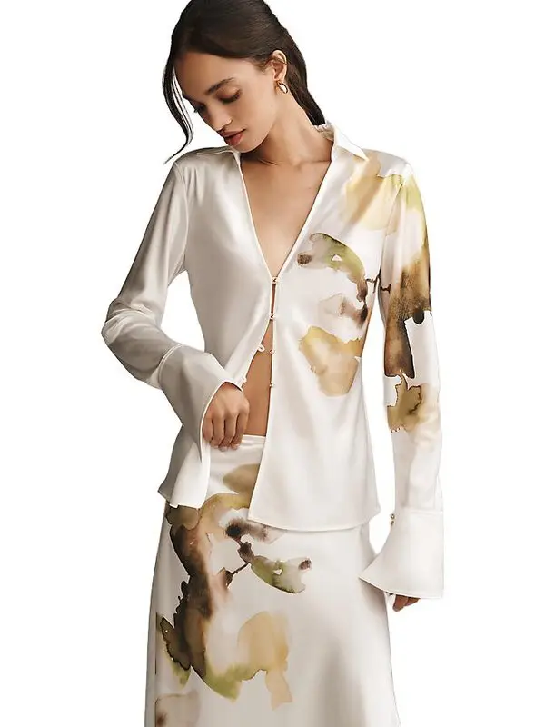 Acler Spunhill Satin V-neck Shirt Top - Citrus Bloom