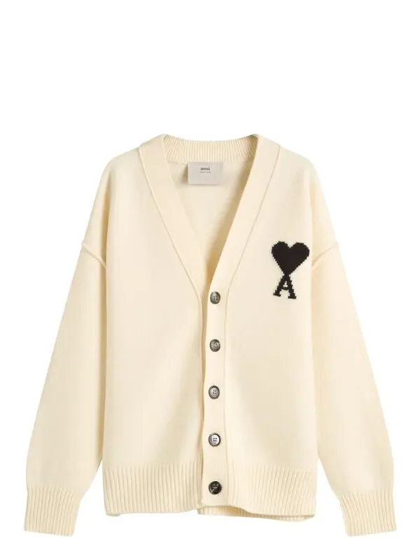 Ami Felted Merino Wool Knit Adc Cardigan - Ecru/noir