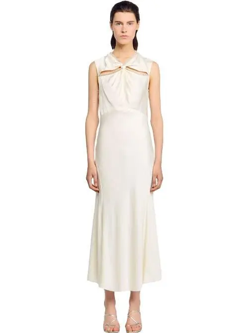 Sandro Satin Maxi Dress With Rhinestone Detail - Ecru
