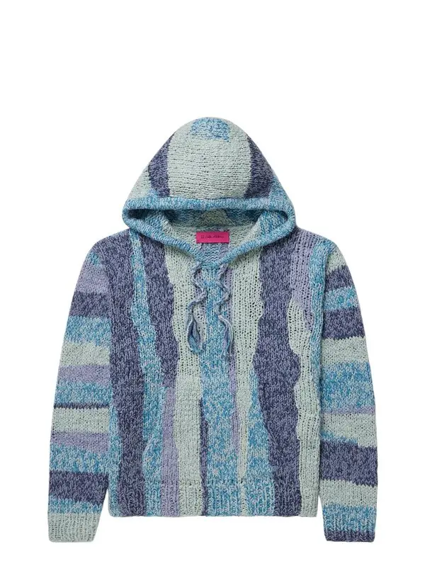 THE ELDER STATESMAN Tasselled Striped Crocheted Organic Cotton Hoodie - Blue