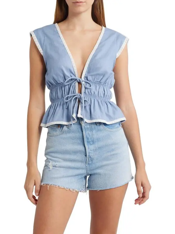 WAYF Clara Tie Front Top - Chambray Blue
